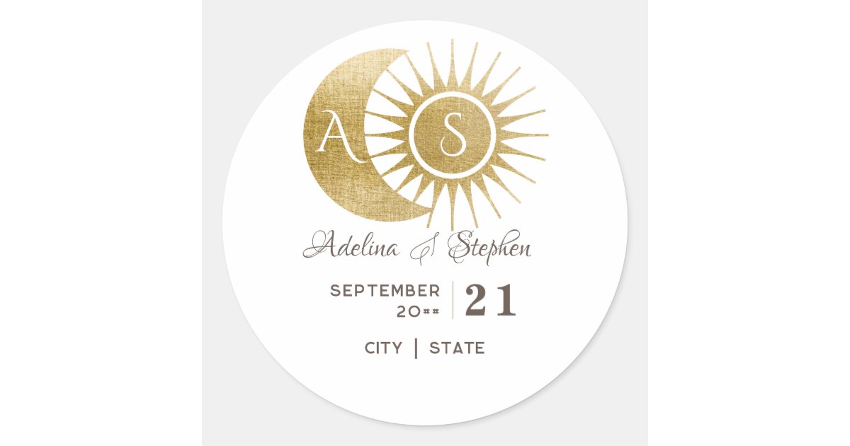 Chic Celestial White Gold Sun Moon Monogram Crest Classic Round Sticker ...