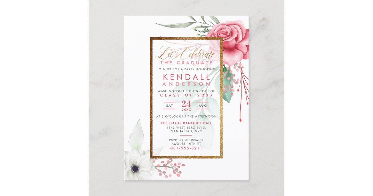 Chic Cerise Gouache Roses Floral Graduation Invitation Postcard | Zazzle
