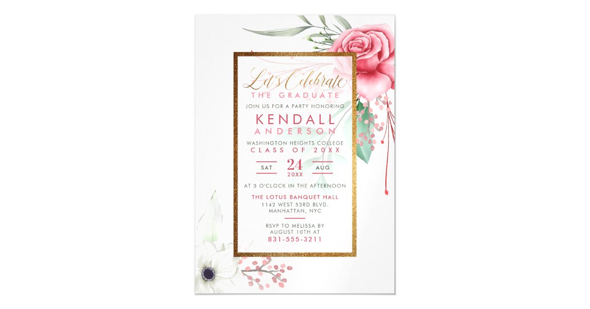 Chic Cerise Painted Flowers Botanical Graduation Magnetic Invitation ...