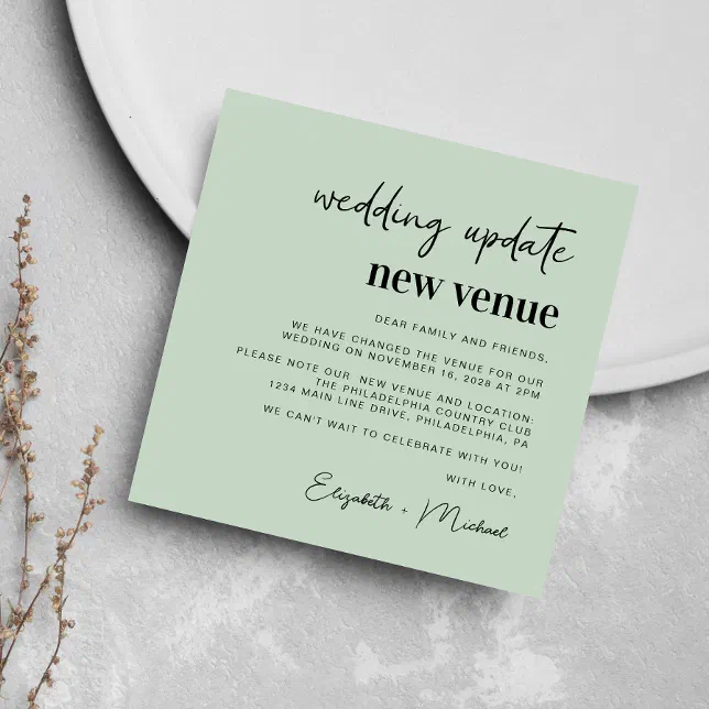 Chic Change of Plans New Venue Sage Wedding Announcement | Zazzle