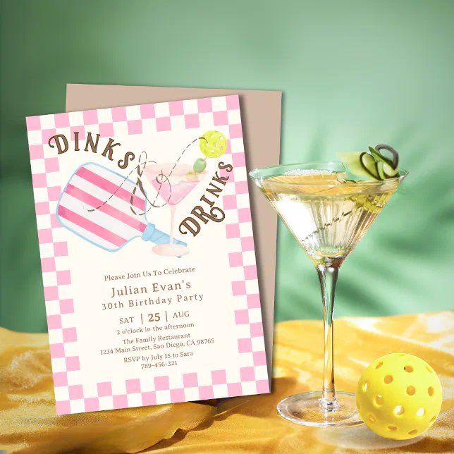 Chic Checkered Dinks & Drinks Pickleball Birthday Invitation | Zazzle