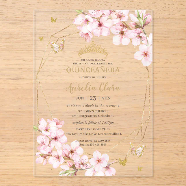 Chic Cherry Blossoms Floral Quinceañera Sweet 16 Acrylic Invitations ...