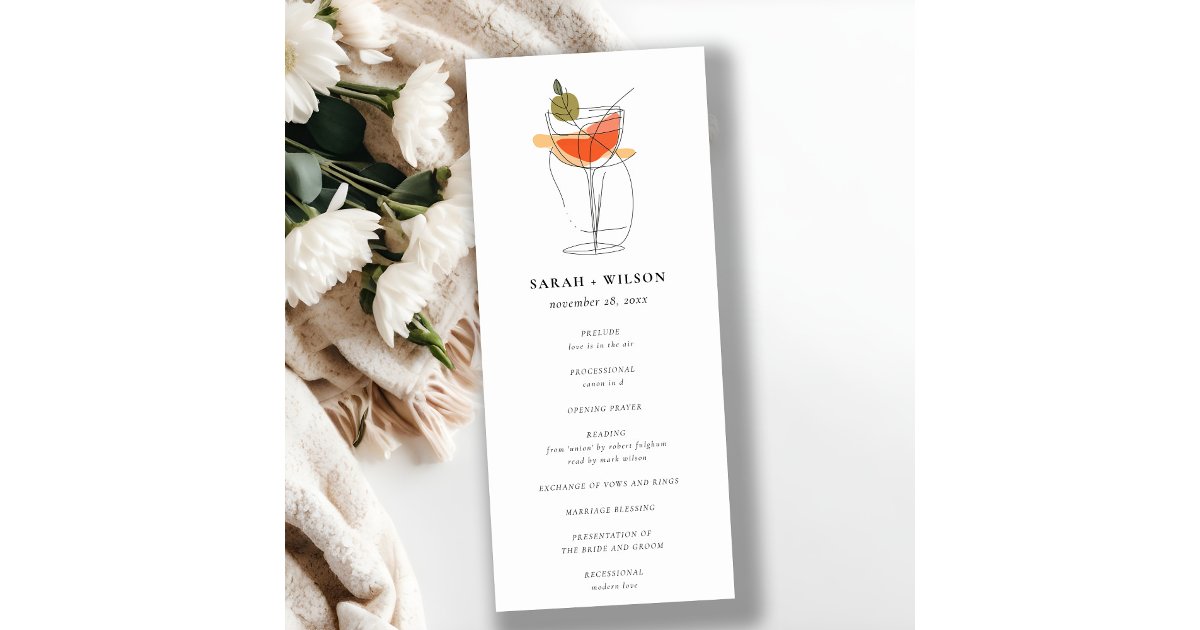 Chic Cocktail Wine Line Drawing Wedding Program | Zazzle