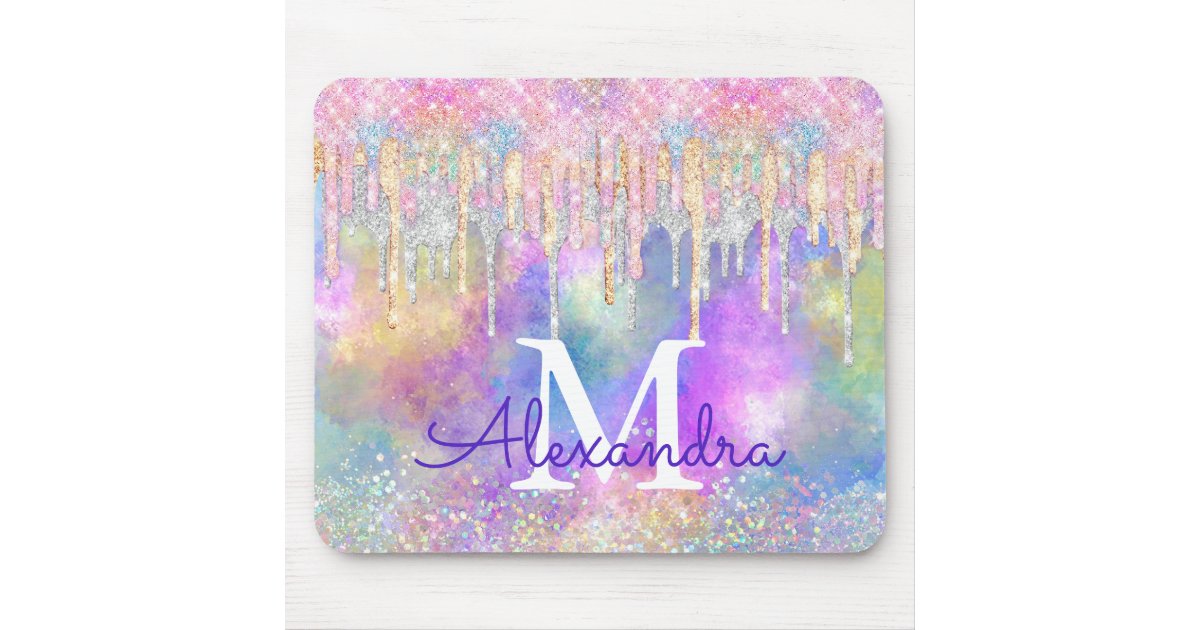 Chic colorful unicorn dripping glitter monogram mouse pad | Zazzle