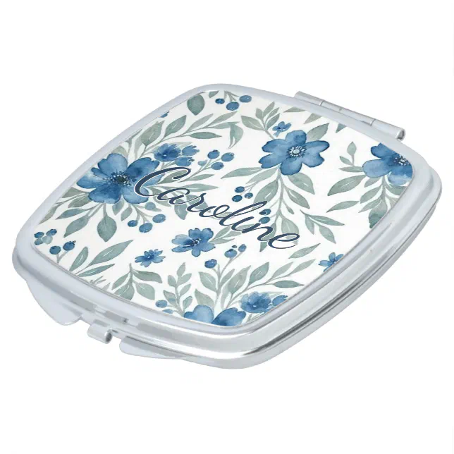 Chic Compact Mirror With Blue Green Floral Art | Zazzle