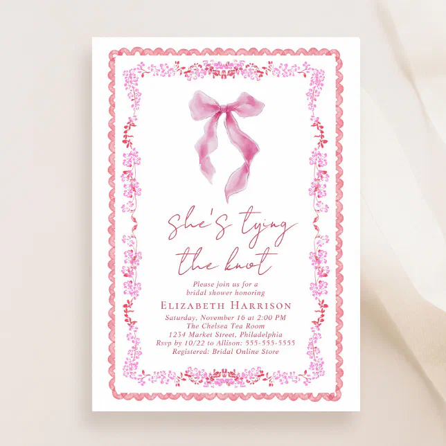 Chic Coquette Bow Watercolor Bridal Shower Invitation | Zazzle