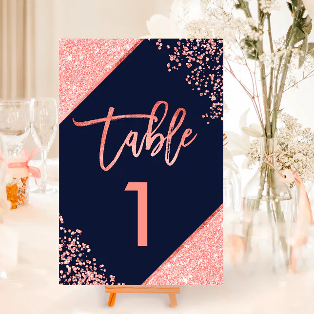 Chic coral glitter script navy blue table number | Zazzle
