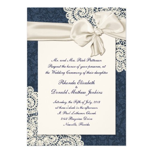 Chic Country Denim Damask & Ivory Lace Wedding Personalized Invitations