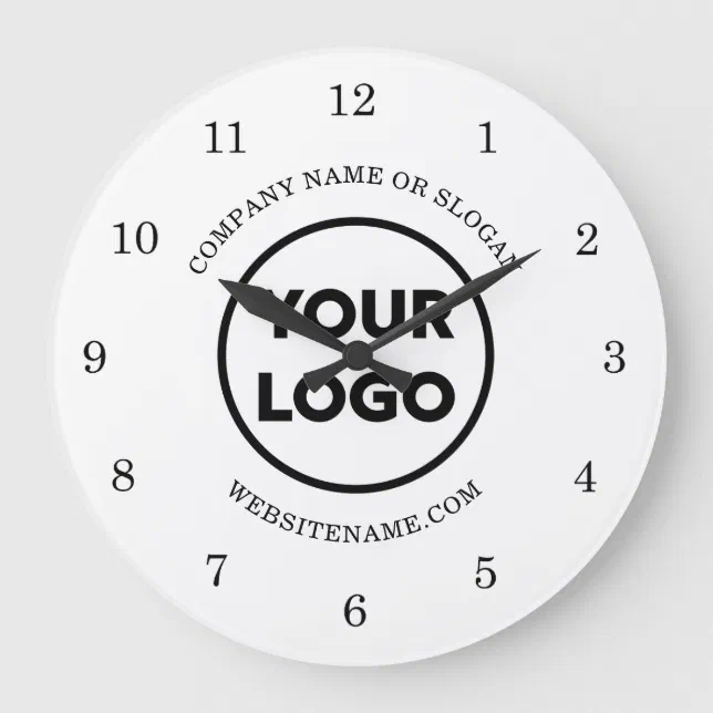 Chic Custom Business Logo and Text on White Large Clock | Zazzle