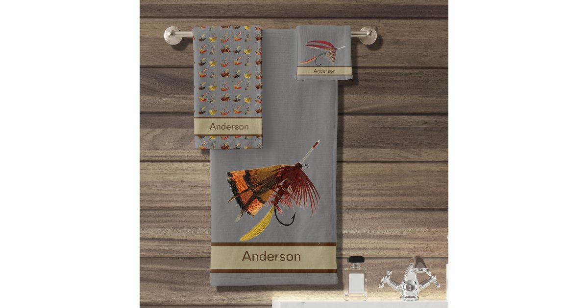Chic Custom Gray Tan Fly Fishing Flies Coastal Bath Towel Set | Zazzle