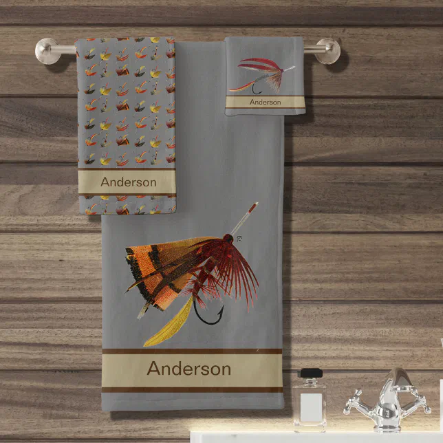 Chic Custom Gray Tan Fly Fishing Flies Coastal Bath Towel Set | Zazzle