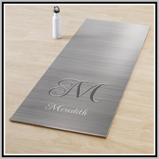 Chic Custom Monogram Grey Brushed Metallic Script Yoga Mat | Zazzle