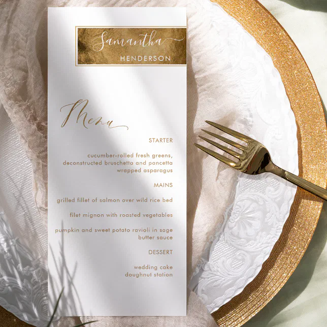 Chic Custom with Guest Name White and Gold Menu | Zazzle