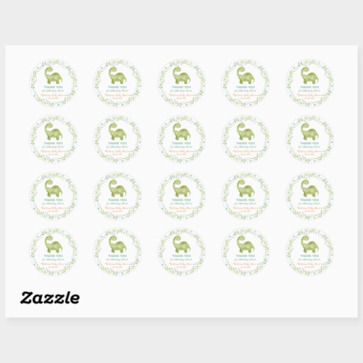 Chic Cute Dinosaur Brontosaurus Boy Baby Shower Classic Round Sticker ...