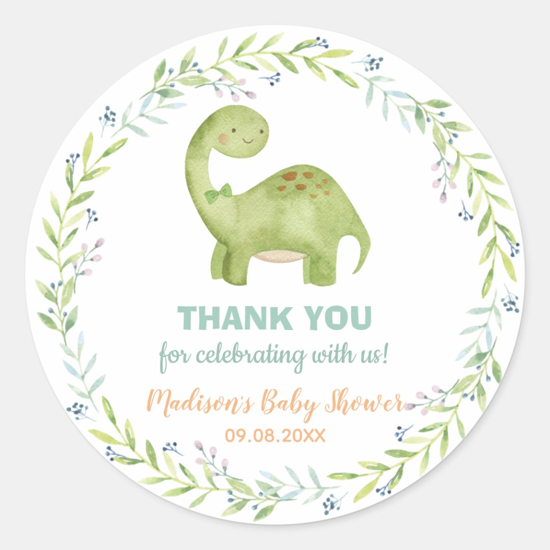 Chic Cute Dinosaur Brontosaurus Boy Baby Shower Classic Round Sticker ...