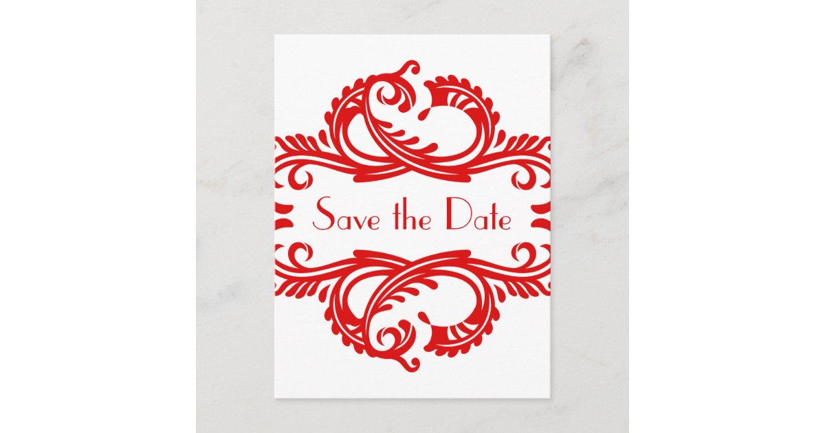 Chic Damask Save the Date Postcard, Red Announcement Postcard | Zazzle