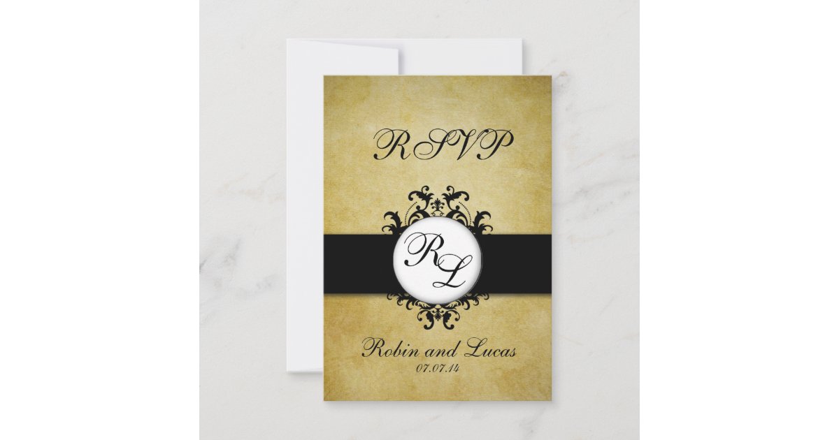 Chic Damask Vintage Monogram Wedding RSCP Card | Zazzle
