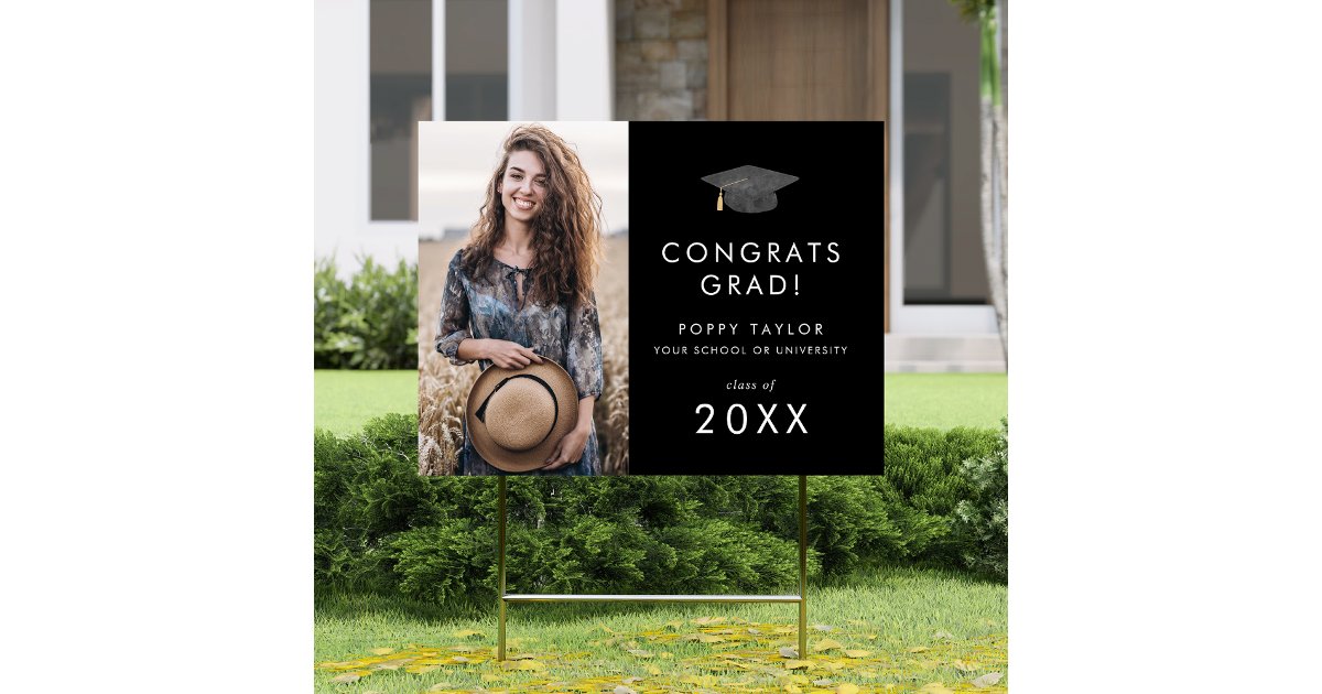 Chic Dark Black Cap Grad Photo Graduation Yard Sign | Zazzle