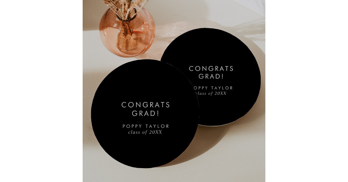 Chic Dark Black Congrats Grad Graduation Paper Plates | Zazzle