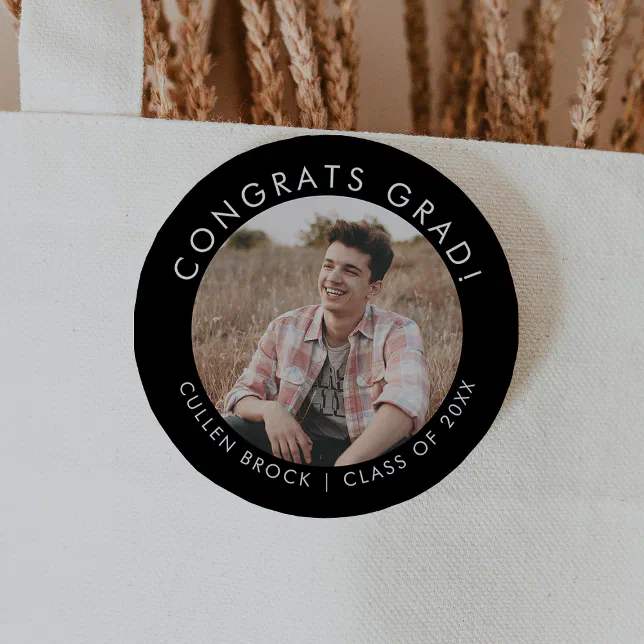 Chic Dark Black Congrats Grad Photo Graduation Button | Zazzle