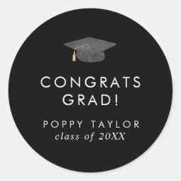 Chic Dark Black Grad Cap Congrats Grad Graduation Classic Round Sticker ...