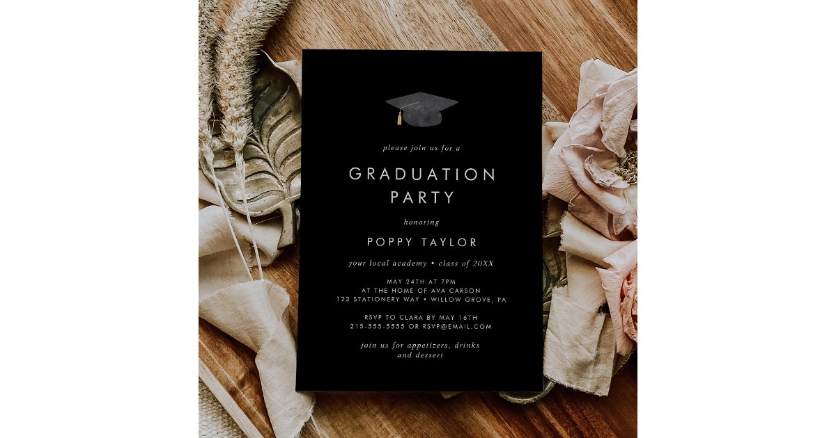 Chic Dark Black Grad Cap Graduation Party Invitation | Zazzle