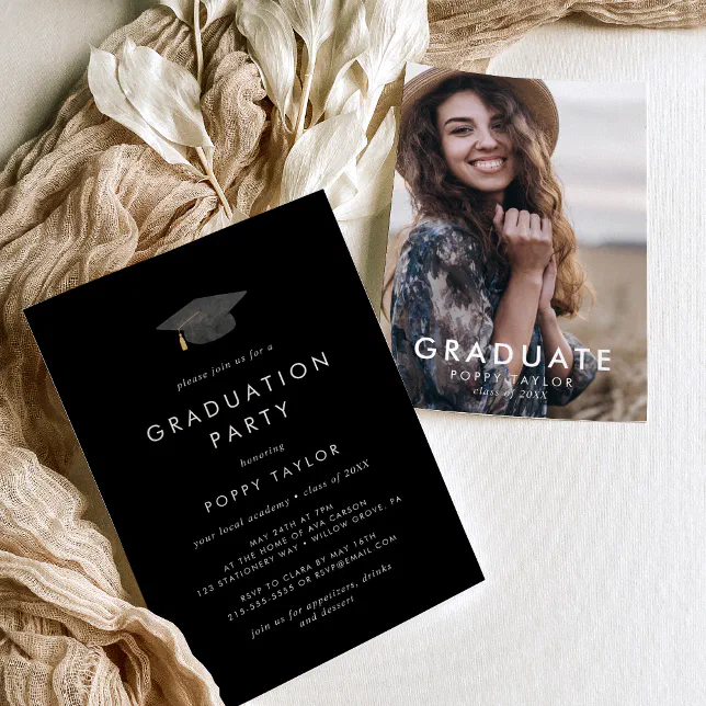 Chic Dark Black Grad Cap Photo Graduation Party Invitation | Zazzle