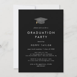 Chic Dark Black Grad Cap Photo Graduation Party Invitation | Zazzle