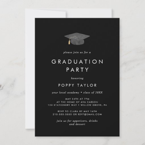 Chic Dark Black Grad Cap Photo Graduation Party Invitation | Zazzle