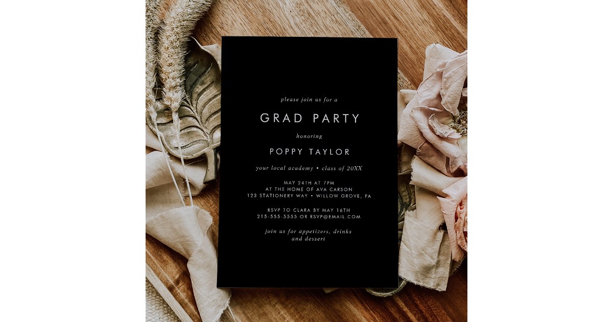 Chic Dark Black Grad Party Invitation | Zazzle