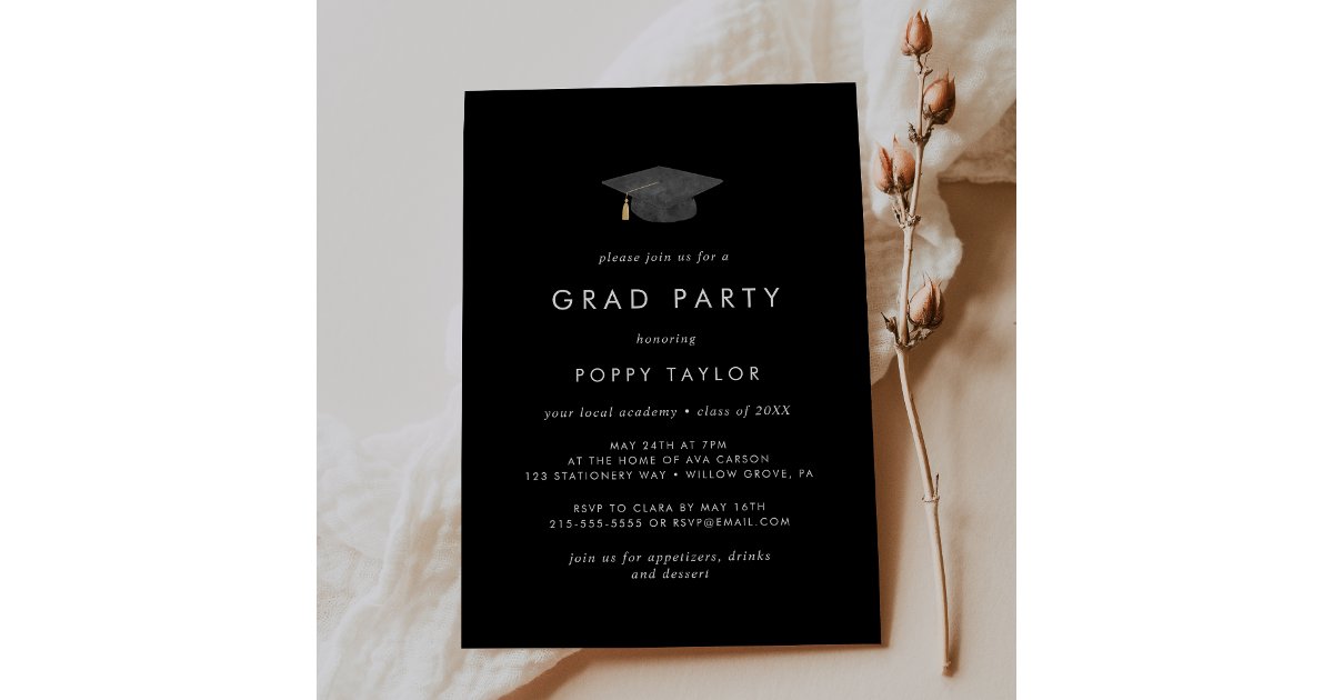 Chic Dark Black Graduation Cap Grad Party Invitation | Zazzle