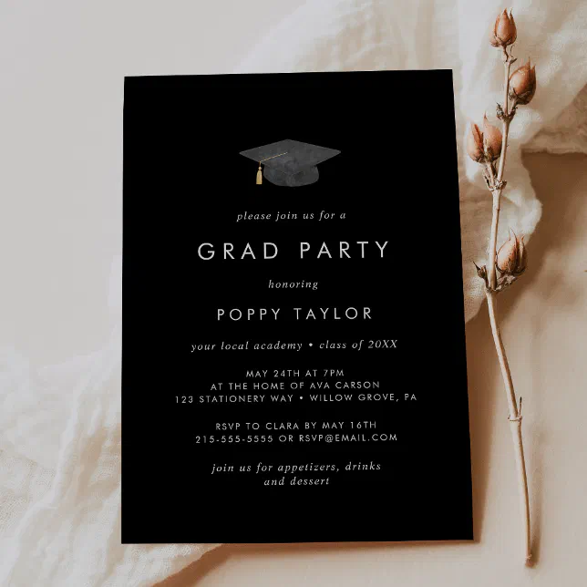 Chic Dark Black Graduation Cap Grad Party Invitation | Zazzle