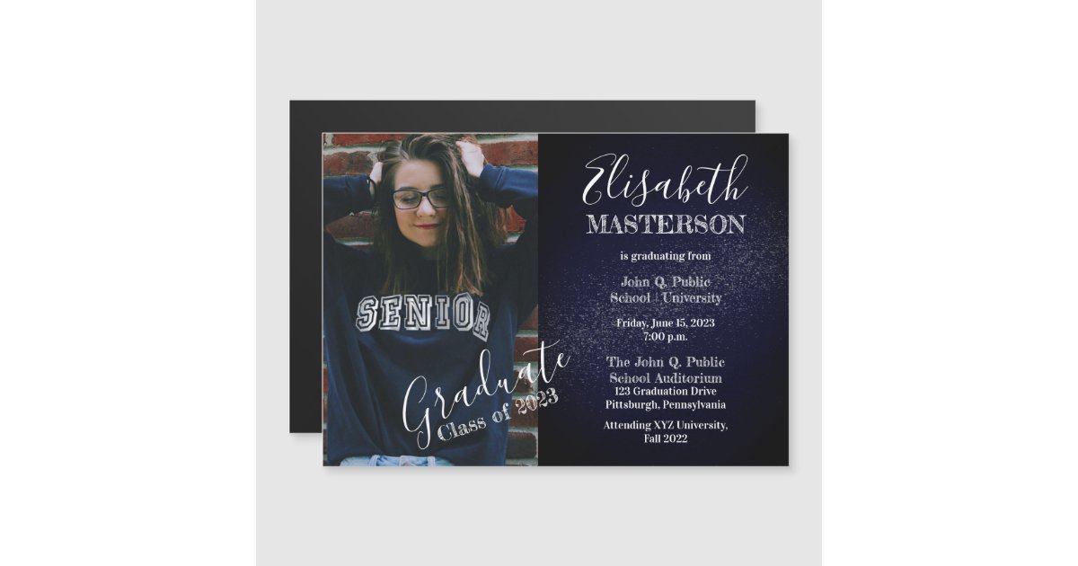 Chic Dark Blue Photo Graduation Announcement | Zazzle