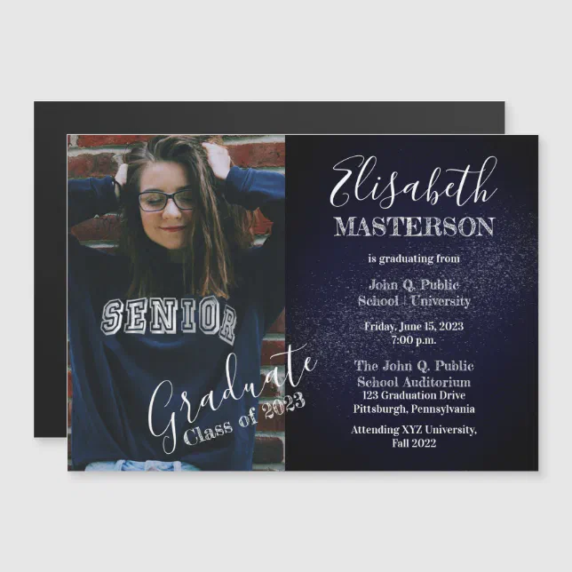 Chic Dark Blue Photo Graduation Announcement | Zazzle