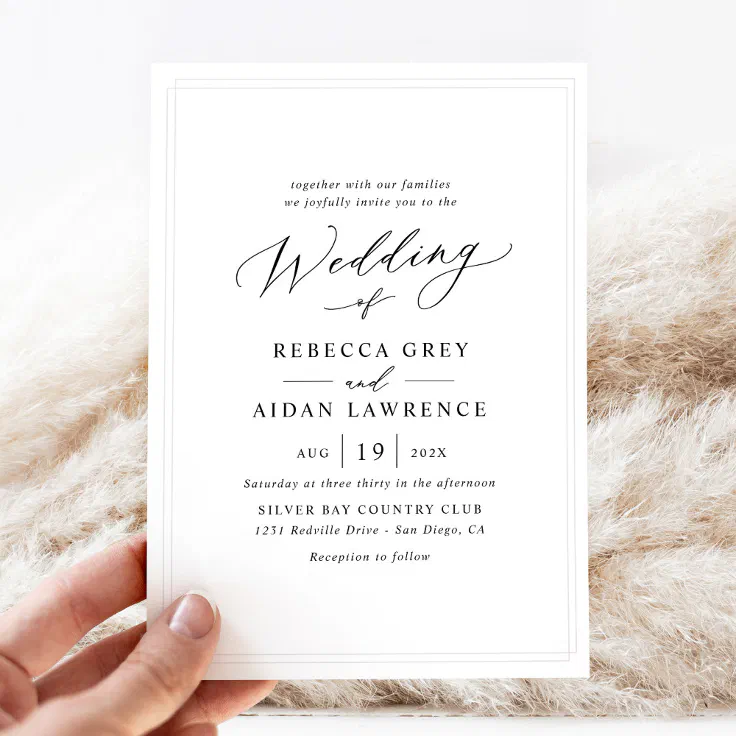 Chic Delicate Border Modern Script Wedding Invitation | Zazzle