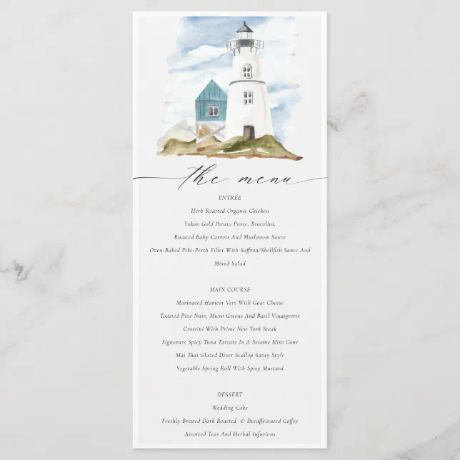 Chic Dusky Aqua Blue Lighthouse Mountain Wedding Menu | Zazzle