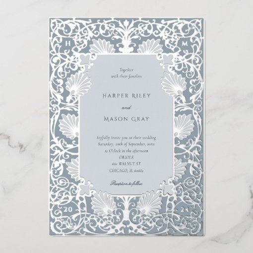 Chic Dusty Blue and Silver Foil Wedding Foil Invitation | Zazzle