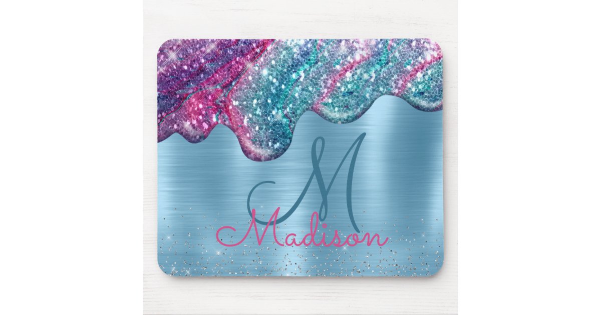 Chic dusty blue purple drips dripping monogram mouse pad | Zazzle