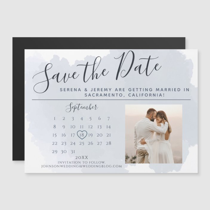 Chic Dusty Blue Watercolor Calendar Save the Date Magnetic Invitation ...