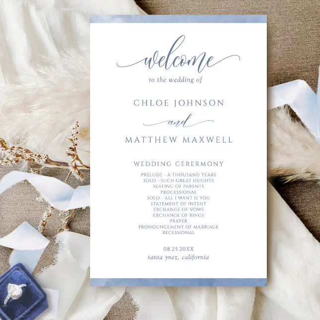Chic Dusty Blue Watercolor Frame Wedding Program | Zazzle