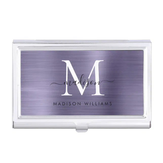 Chic Dusty Violet Brushed Metal Monogram Script Business Card Case | Zazzle