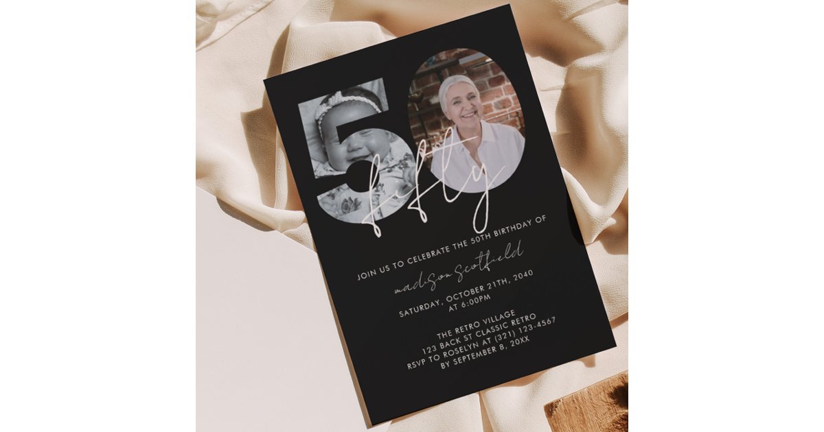 Chic Elegant Black Photo Script 50th Birthday Invitation | Zazzle