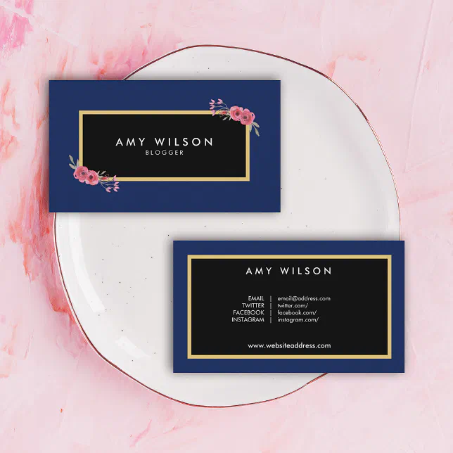 Chic Elegant Blogger Social Media Blue Floral Business Card | Zazzle