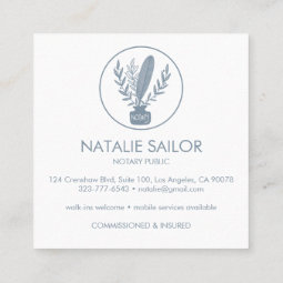 Chic Elegant Botanical Quill Logo Notary Public Square Business Card ...