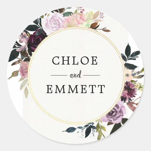Chic Elegant Custom Pink Purple Floral Wedding Classic Round Sticker ...