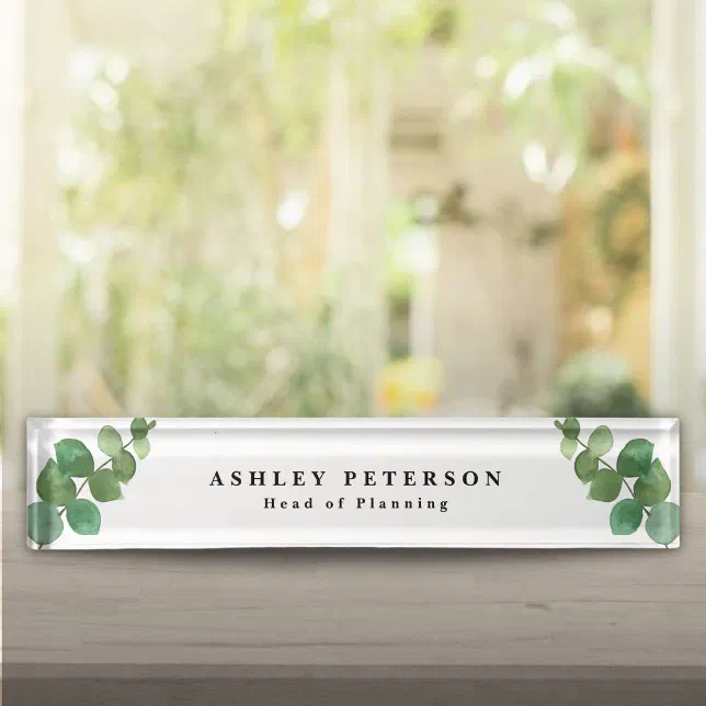 Chic Elegant Eucalyptus Leaves Desk Name Plate | Zazzle