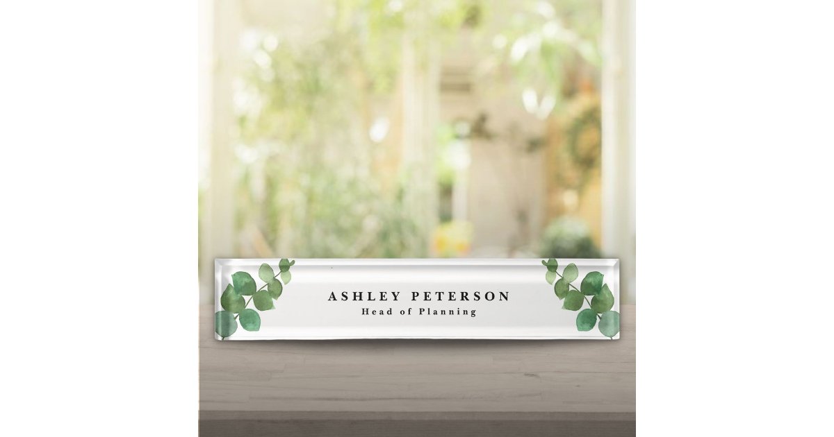 Chic Elegant Eucalyptus Leaves Desk Name Plate | Zazzle