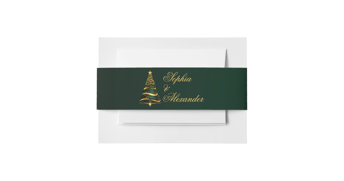 Chic Elegant Golden Christmas Tree Wedding Invitation Belly Band | Zazzle