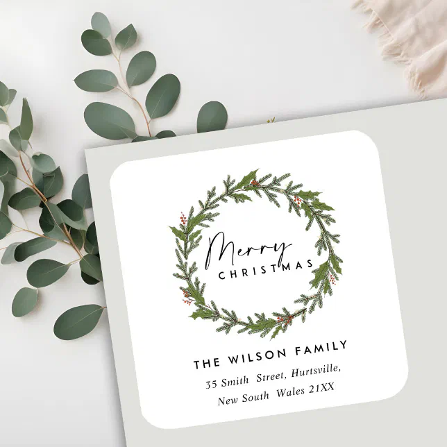 CHIC ELEGANT HOLLY BERRY WREATH CHRISTMAS ADDRESS SQUARE STICKER | Zazzle