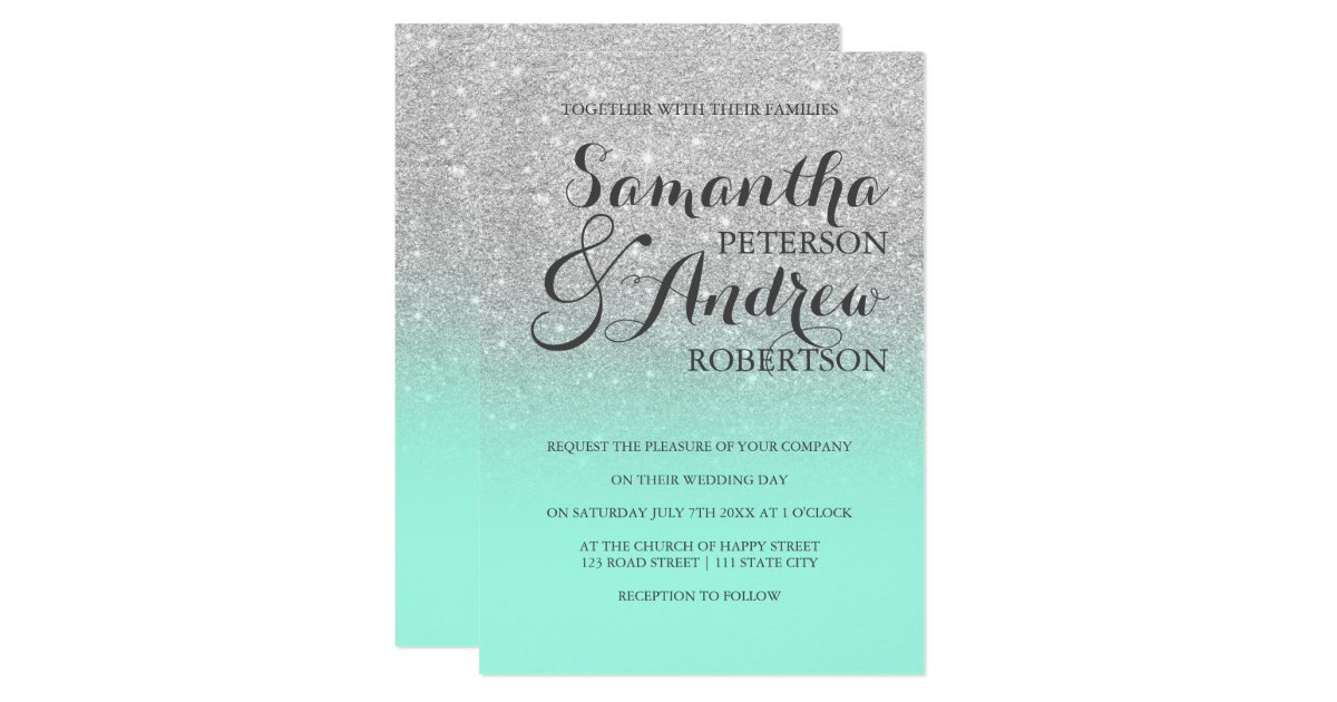 Chic elegant silver glitter mint green wedding invitation | Zazzle.com